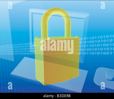 Digital collage illustration of a computer workstation with data flows ...