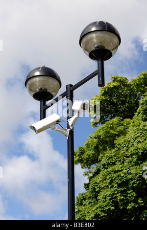 Surveillance Cameras on Lamp Post with Blue Sky and a Bird in Flight ...