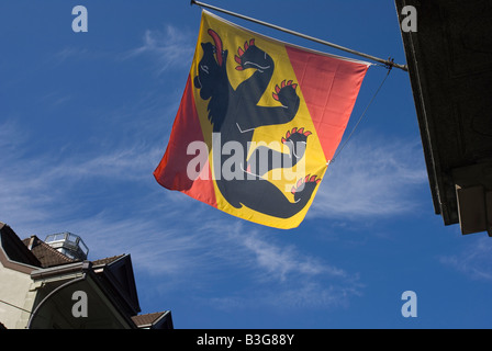 Flag of Canton Bern in Switzerland on the train station square - 1 ...