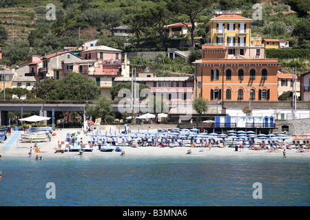 Beach at Monterosso village, part of the Cinque Terre hamlets on the ...
