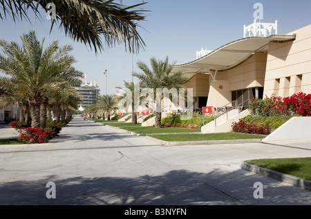 The paddock area and Sakhir Tower at the Bahrain International Circuit ...