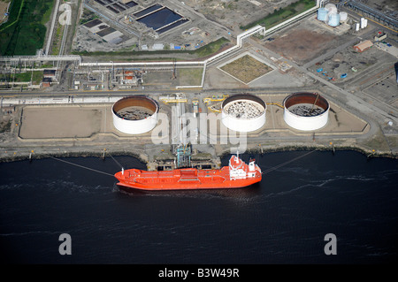 An aerial view of an Oil Tanker unloading at Teesside refinery ...
