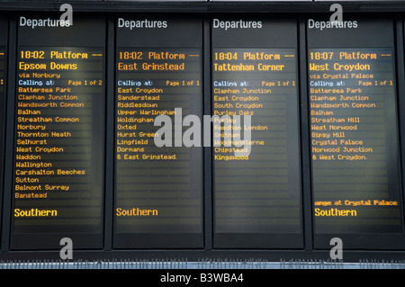 Train destination board with departure times and platform number, and ...