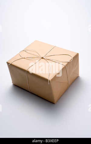 box wrapped in brown paper and tied with a blue silk ribbon with a bow ...