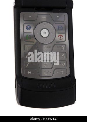 Black Clamshell style flip cell phone against a white background Stock ...