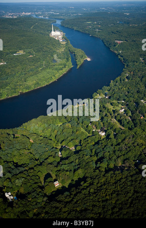 The Connecticut River in Portland, Connecticut. Power plant. Aerial ...
