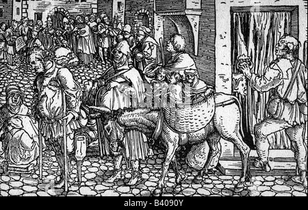 people, hardship / adversity, Middle Ages, begging woman with two ...