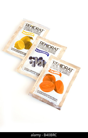 Rehidrate electrolyte sachets isolated on a white studio background ...