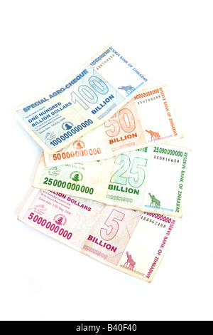 Zimbabwean billion dollar notes isolated on a white studio background ...