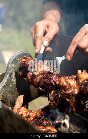 A rotating spit roast of meat over hot coals. Grill meat dish, roasted ...