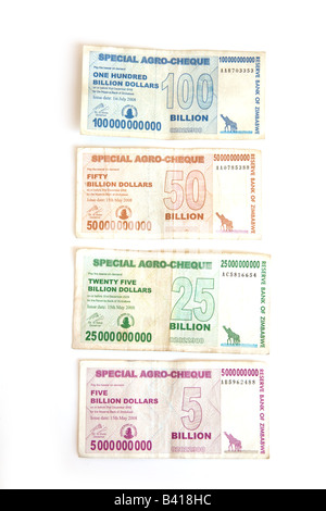 Zimbabwean billion dollar notes isolated on a white studio background ...