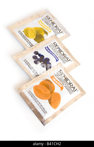 Rehidrate electrolyte sachets isolated on a white studio background ...