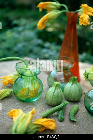 Round courgettes and courgette flowers Stock Photo - Alamy
