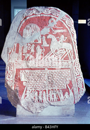middle ages, Vikings, runes, rune stone depicting possibly Wotan and ...