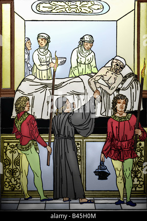 medicine, disease, plague, sick person, miniature, 14th century ...