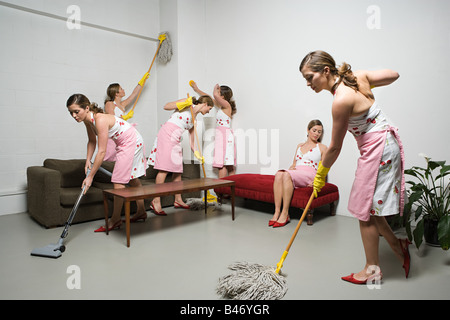 Woman multitasking, busy and cleaning the living room and doing all the ...