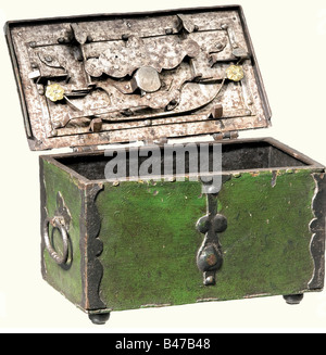 An iron chest, Nuremberg, circa 1620 A rectangular casket on four ball ...