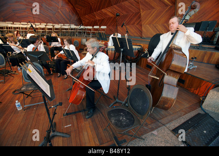 Boston Landmarks Orchestra tunes up before a performance at the Hatch ...