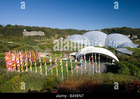 Flags outside Alpine hut Eden Project Bodelva St Austell Cornwall UK ...