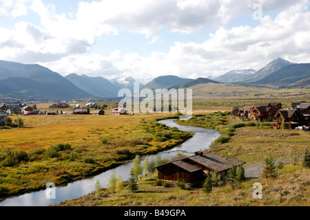 Slate River winds through the homes of Crested Butte,Colorado,USA.MR ...