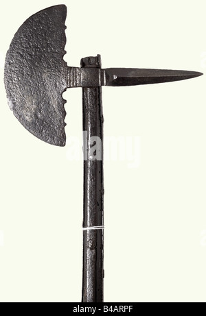 A German or Italian battle axe, circa 1520. Semicircular blade with cut ...