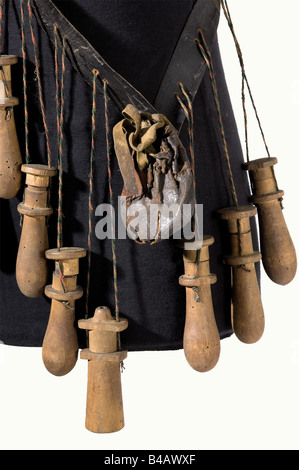 A German musketeer's bandolier, 1st half of the 17th century. Blackened ...
