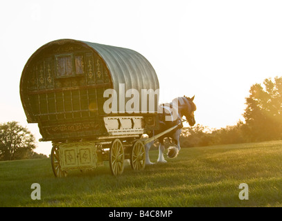 Gypsy caravan or living wagon pulled by Gypsy Vanner horse Stock Photo ...