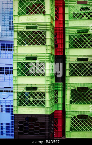 Colorful milk crates in stacks Stock Photo - Alamy