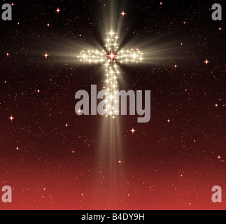 great glowing christian cross in starry night sky Stock Photo - Alamy