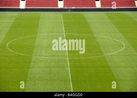 green field in soccer stadium . ready for game in the midfield. View ...