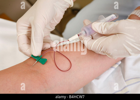 Taking blood. Close-up of a cannula being used to take a blood sample ...