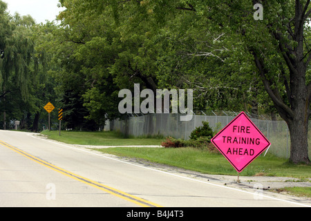 A sign by the Fire Department to notify traffic of fire training ahead ...