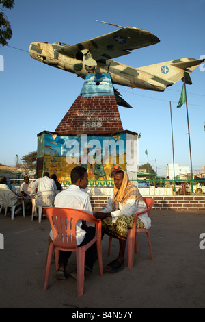 A MiG fighter jet stands as a memorial in the center of Hargeisa ...
