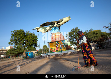 A MiG fighter jet stands as a memorial in the center of Hargeisa ...