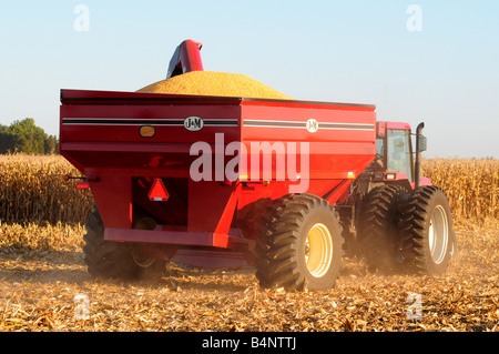 A farm tractor hauling a grain wagon during harvest time. The wagon ...