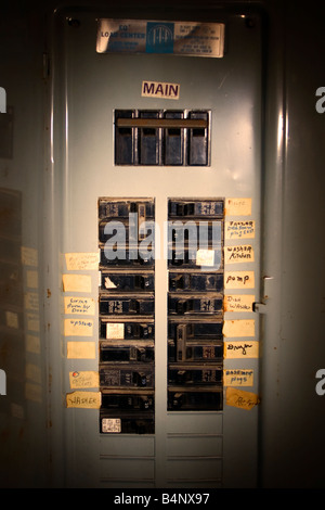 An electrical circuit breaker box is illuminated with a flash light ...