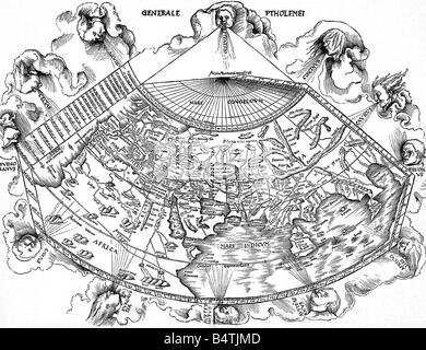 Ptolemy world map circa 150 AD from the edition of 1472. Color halftone ...