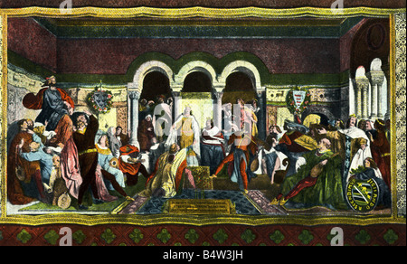 Middle Ages, music, Wartburg minstrel contest, wood engraving, 19th ...