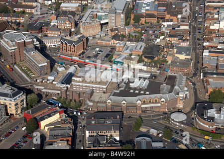 Aerial view north east Guildford Town Centre train station River Wey ...