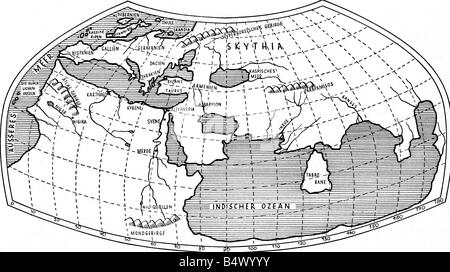 Ptolemy world map circa 150 AD from the edition of 1472. Color halftone ...