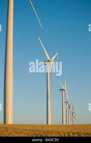 Row of windmills on wind farm in a farm field in Navarra. Spain Stock ...