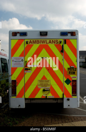 Welsh Ambulance Emergency Service Ambiwlans. View of red and yellow ...