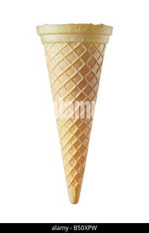 Close up one empty wafer ice cream cone on gray table, elevated top ...