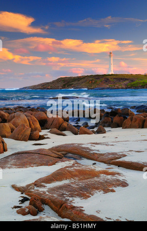 The coastal landscape at Cape Leeuwin at dusk including granite rocks ...
