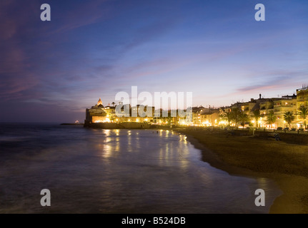 Night view of the seafront & beach of Sitges Catalonia Catalunya ...