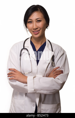 Asian woman doctor in white coat talking on mobile phone at modern ...