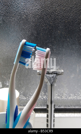 Pink and blue toothbrushs facing each other in bathroom Stock Photo - Alamy