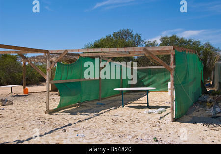 Local Cypriot shade shacks on the beach near Ayia Napa on the ...