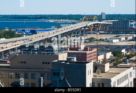 Aerial View of Milwaukee Skyline, Lakefront Park, and Quadracci ...