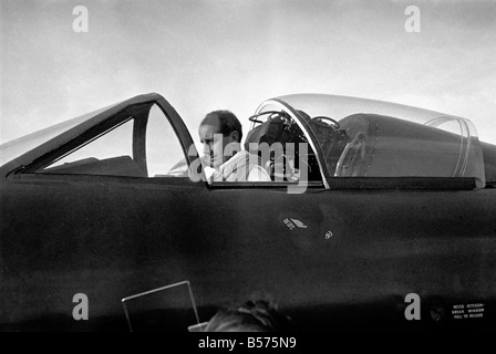 Test pilot Neville Duke in the cockpit of a Hawker Hunter jet fighter ...